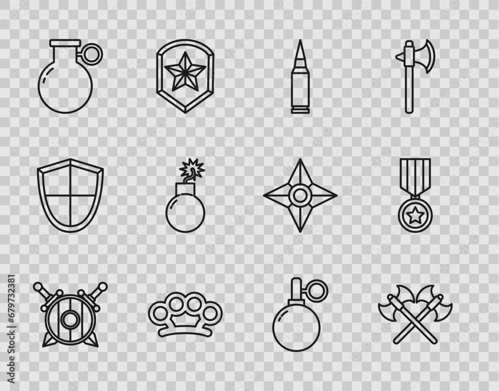 Set line Wooden shield with crossed swords, Crossed medieval axes ...