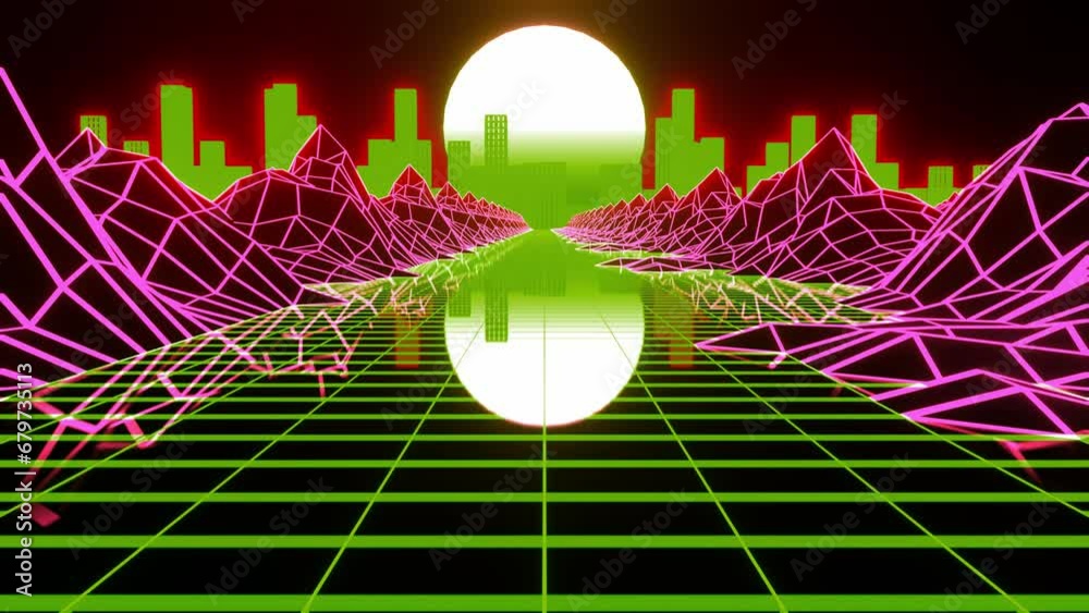 Seamless loop retro 1980s animation flying through the rocks to the sun ...