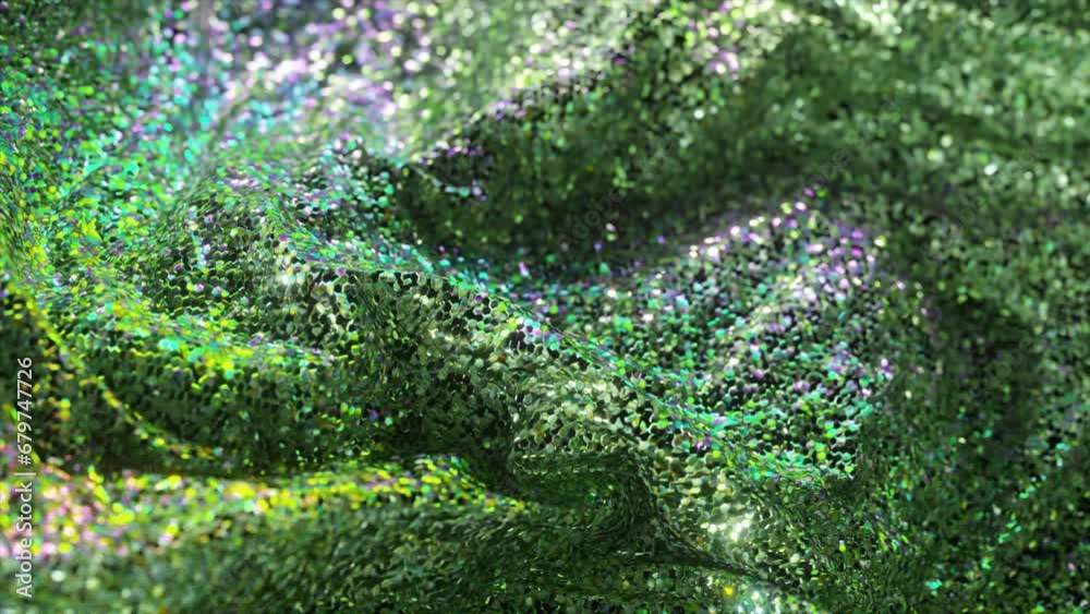 Luminous green sequin fabric twisted into a spiral, with a shimmering surface reflecting light ...