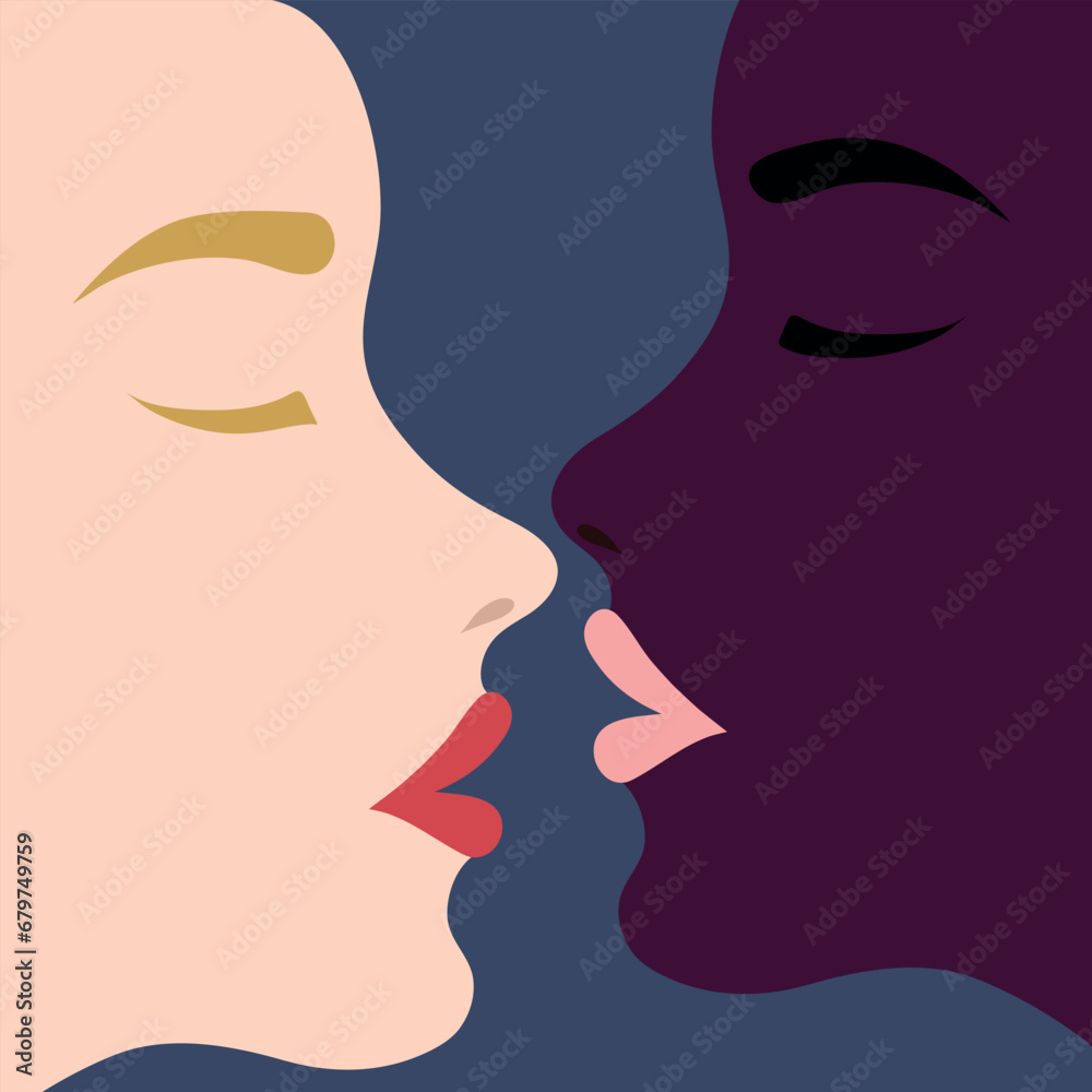 Portrait Of Two Kissing Women Lesbian Couple Kissing Vector