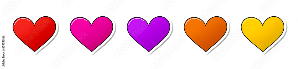 Set of five hearts of different colors isolated on a transparent ...