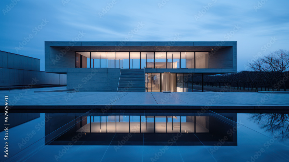 bâtiment moderne d'architecte contemporain avec de larges baies vitrées ...