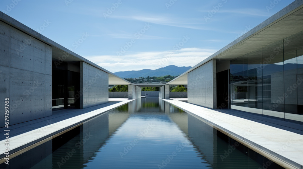 bâtiment moderne d'architecte contemporain avec de larges baies vitrées ...