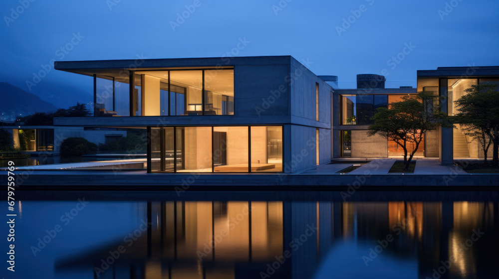 bâtiment moderne d'architecte contemporain avec de larges baies vitrées ...