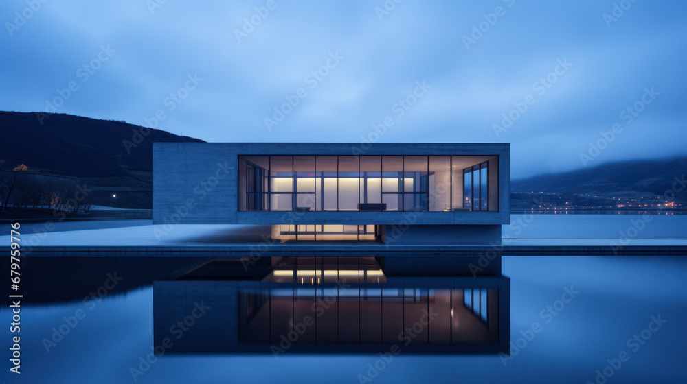 bâtiment moderne d'architecte contemporain avec de larges baies vitrées ...