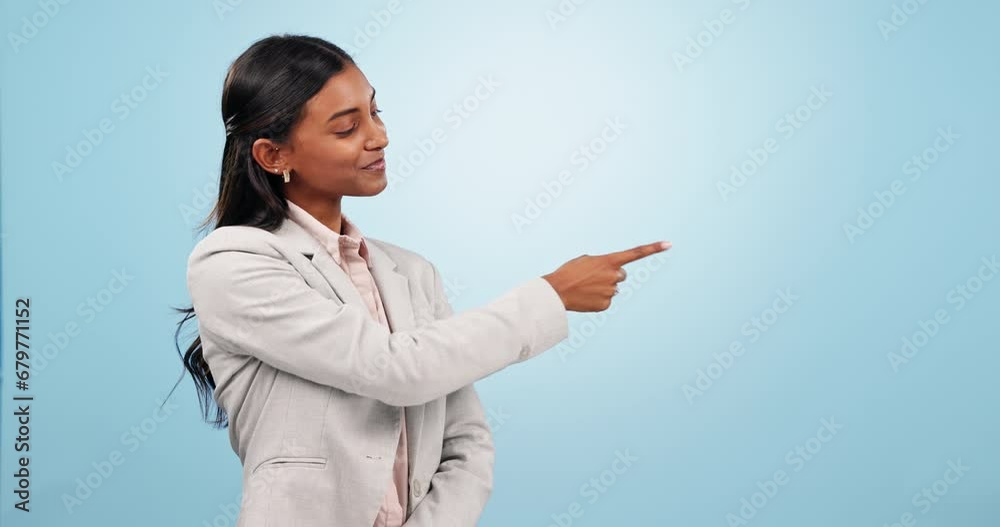 Face, business woman and pointing to choice, checklist and advertising mockup in studio on blue ...