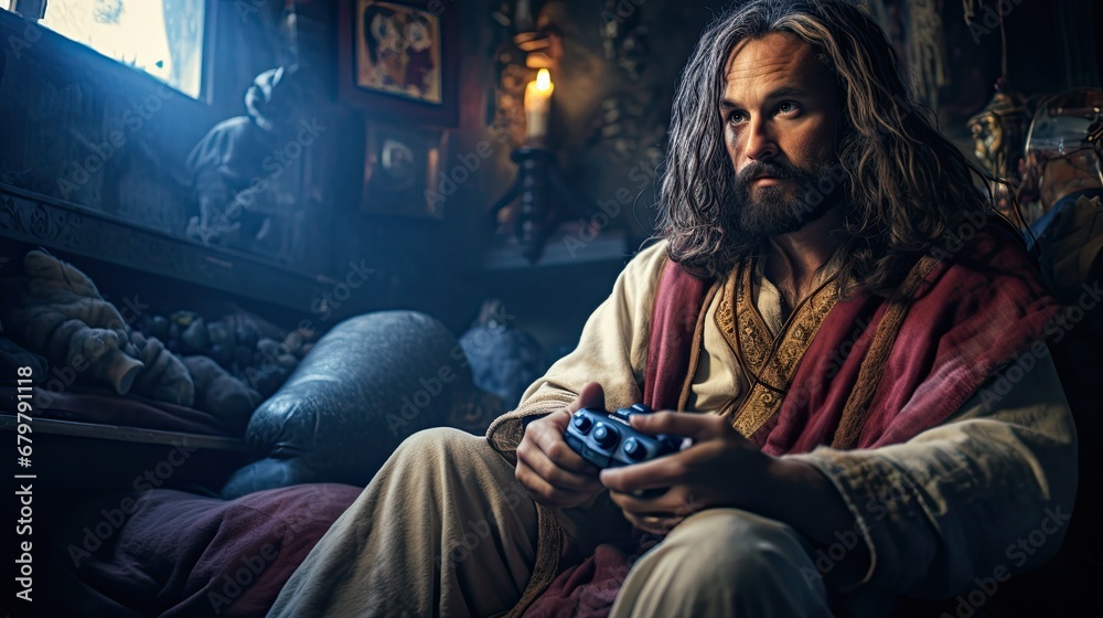 Jesus Christ as a buddy playin with the console at home. Stock ...