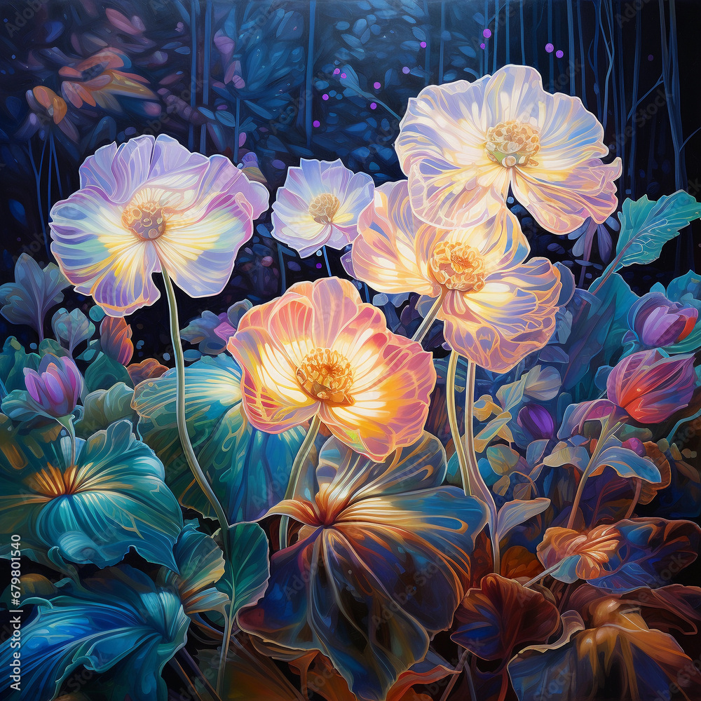 Beautiful fantasy glowing flowers in the mystical fairyland forest at ...