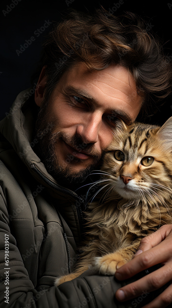 Man with a gentle smile cradling his striped Maine Coon cat, a serene ...