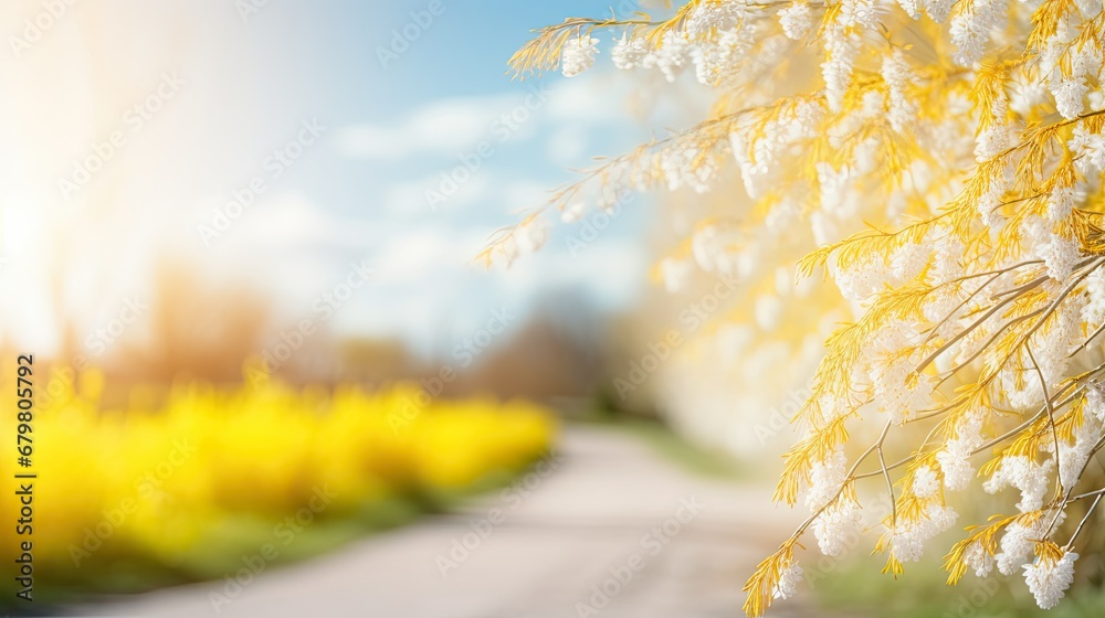 Branches of a flowering tree in nature Park and rural road against blue ...
