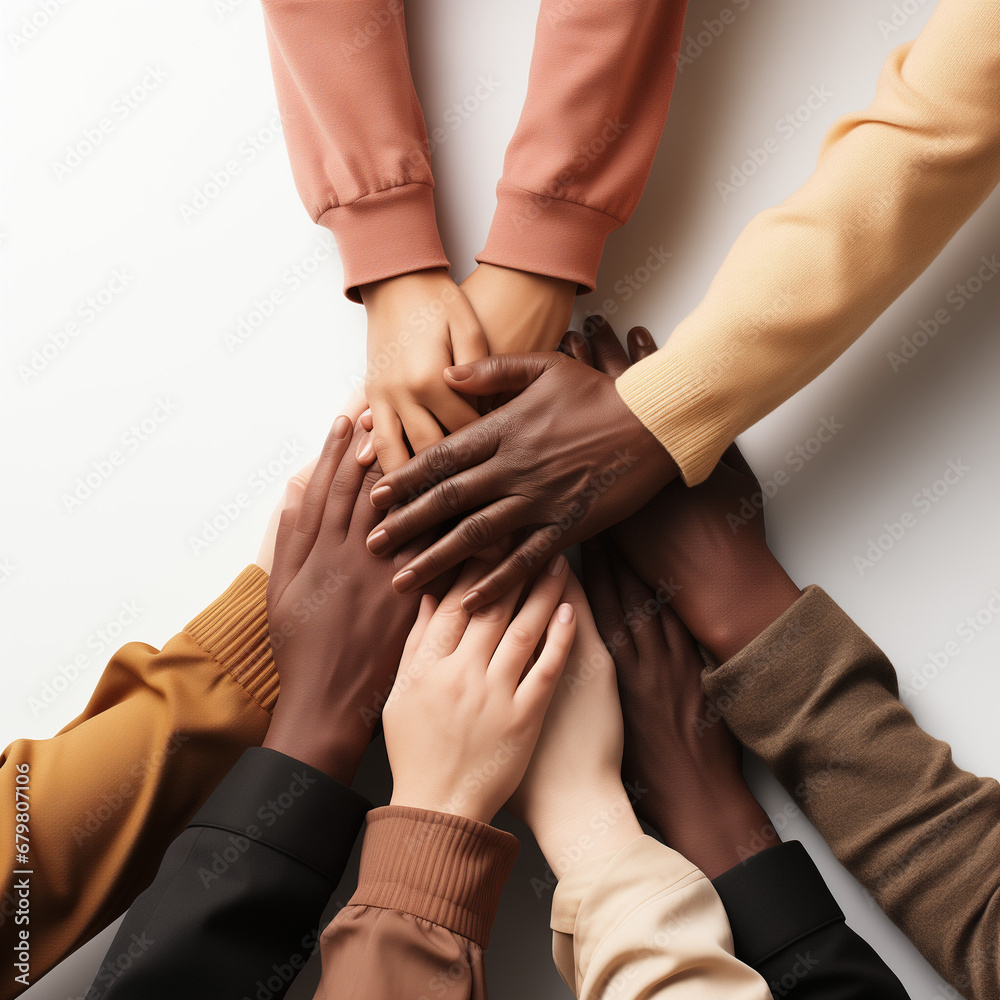 An image of hands of different skin tones joining together to form a ...