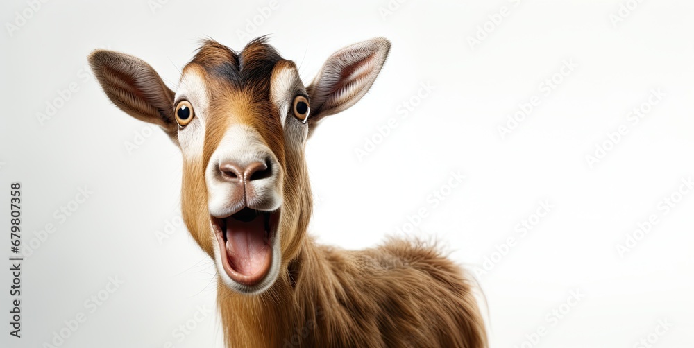 The head of a young goat with an open mouth and a surprised look ...