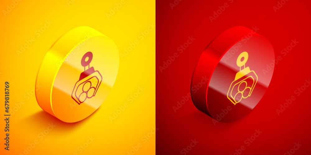 Isometric Grapple crane grabbed a log icon isolated on orange and red ...