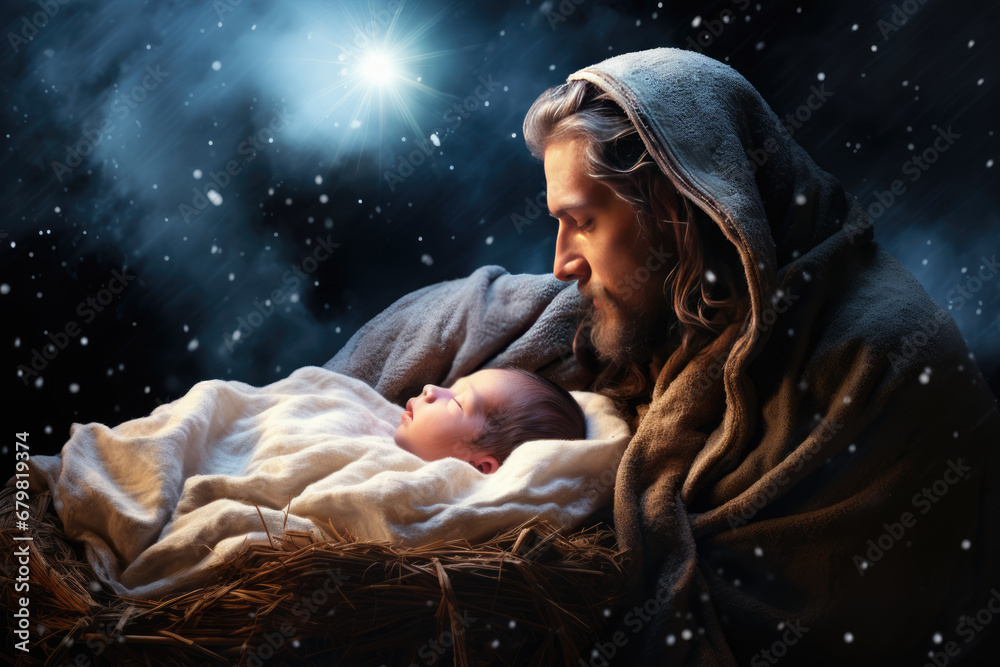 Nativity story - Joseph, Mary and newborn baby Jesus Christ. Christian ...