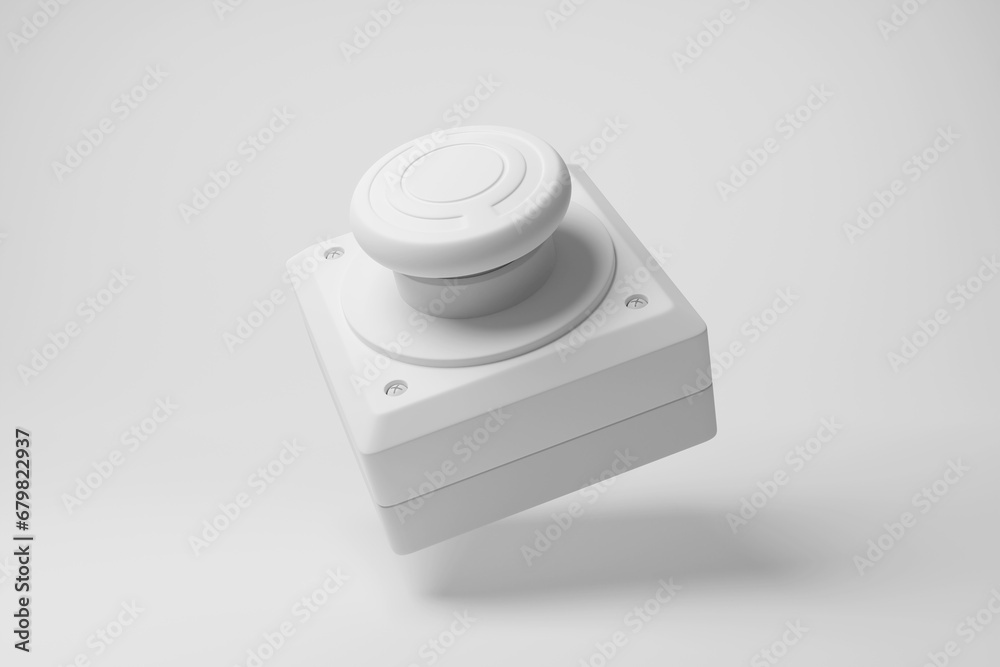 White emergency stop button floating in mid air on white background in ...