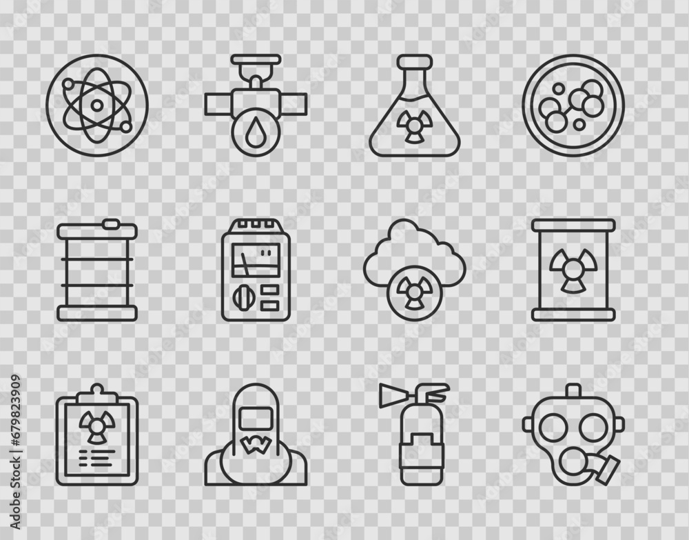 Set line Radiation warning document, Gas mask, Test tube radiation ...