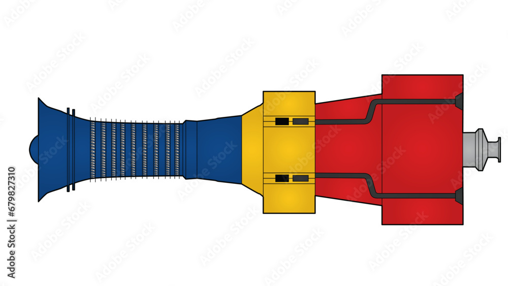 Color line drawing showing a grey aero-derivative gas turbine with ...