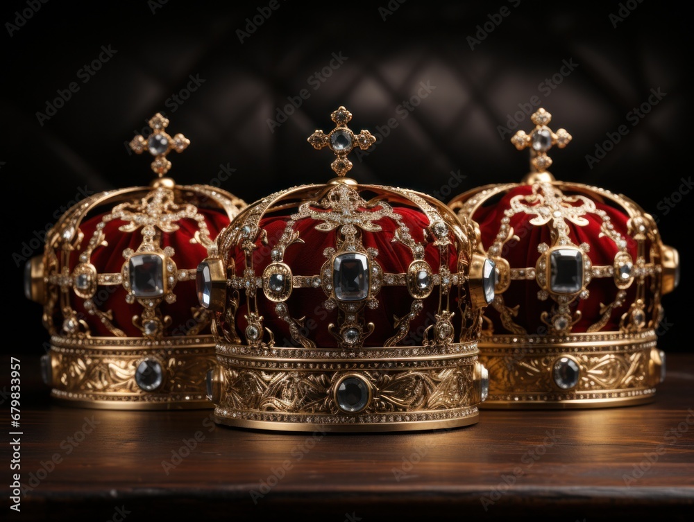 three golden royal crowns with precious stones with red velvet .Crown ...