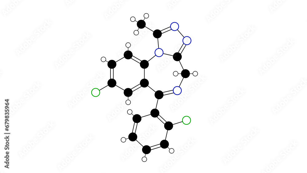 triazolam molecule, structural chemical formula, ball-and-stick model ...