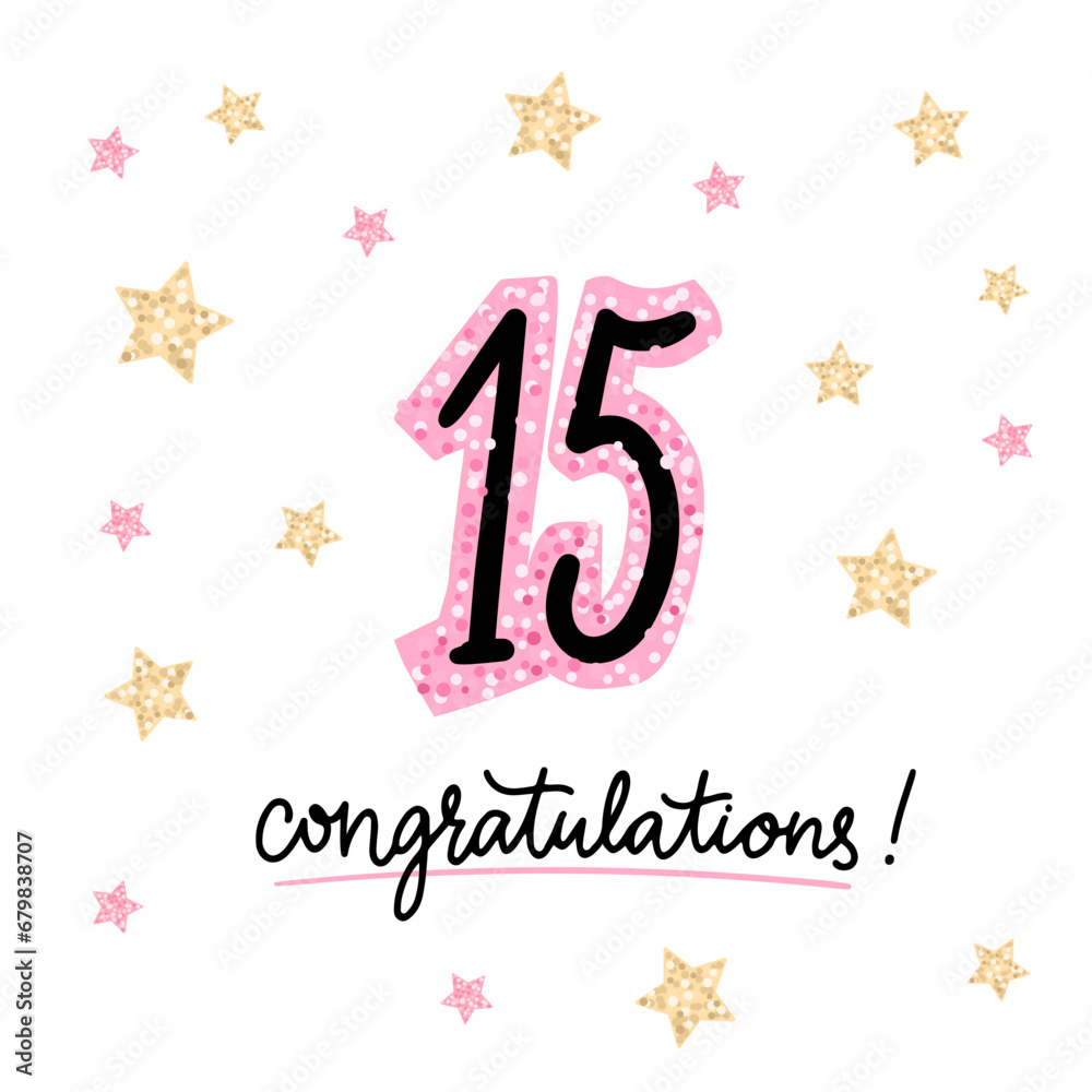 15 years anniversary banner, numbers in pink glitter and golden stars ...