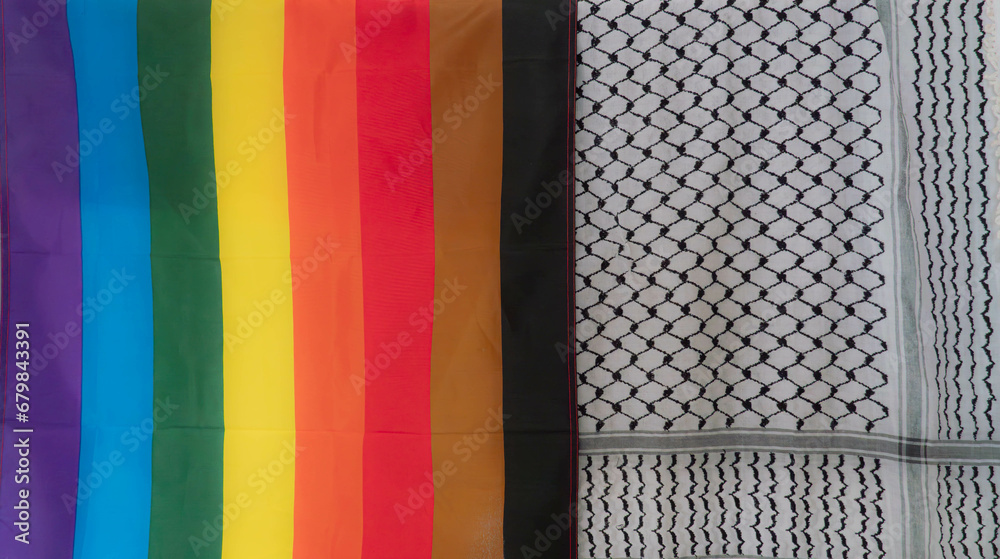 LGBT flag along with Palestinian Keffiyeh (kufiyya, ghutrah, shemagh ...