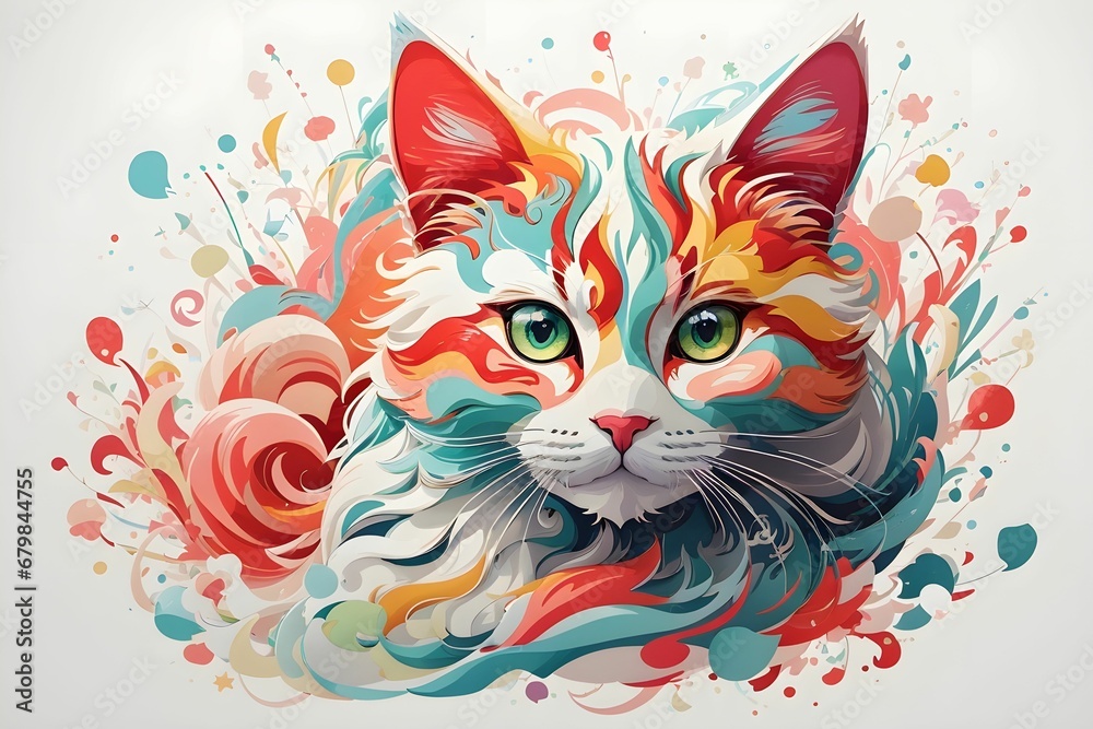 AI illustration of a colorful cat and fantasy swirls splash Stock ...