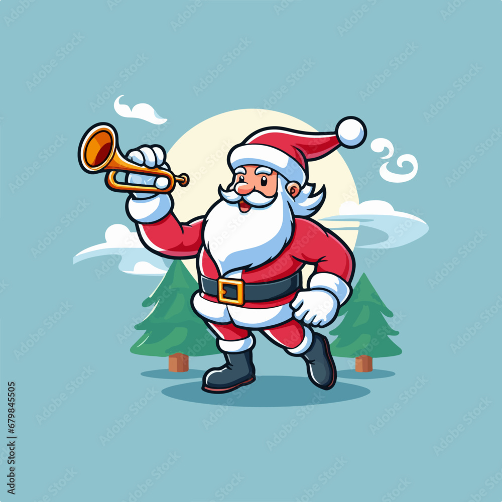 Cute vector Illustration of Cute Santa Claus playing Trumpet, Cartoon ...