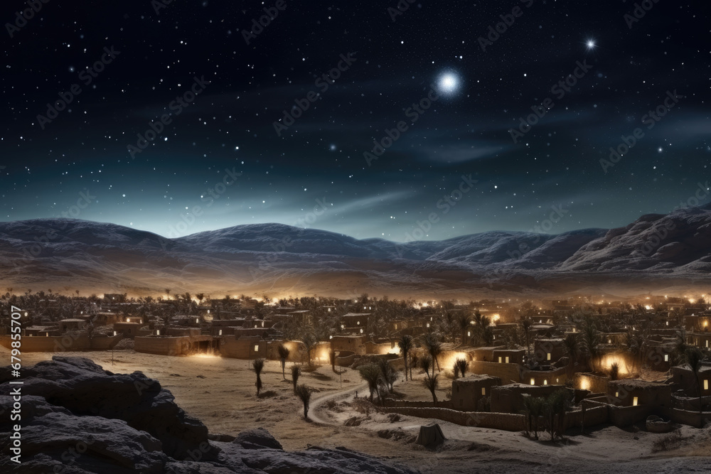 Christmas star over city of Bethlehem. Nativity story. Birth of Jesus ...