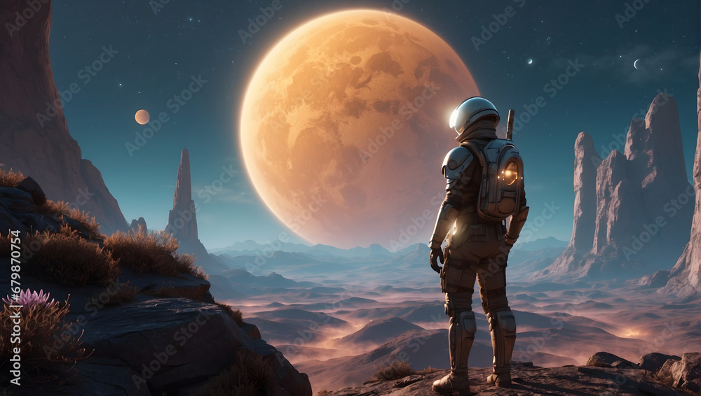 An artistic portrayal featuring an explorer adorned with holographic ...