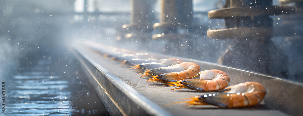 Shrimp on production line go through the freezing process. Preparations ...