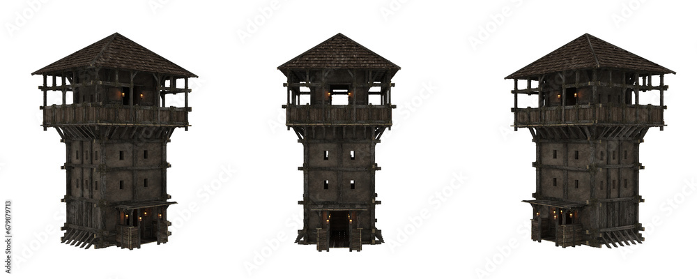Ancient medieval wooden tower building with balcony on the top floor ...
