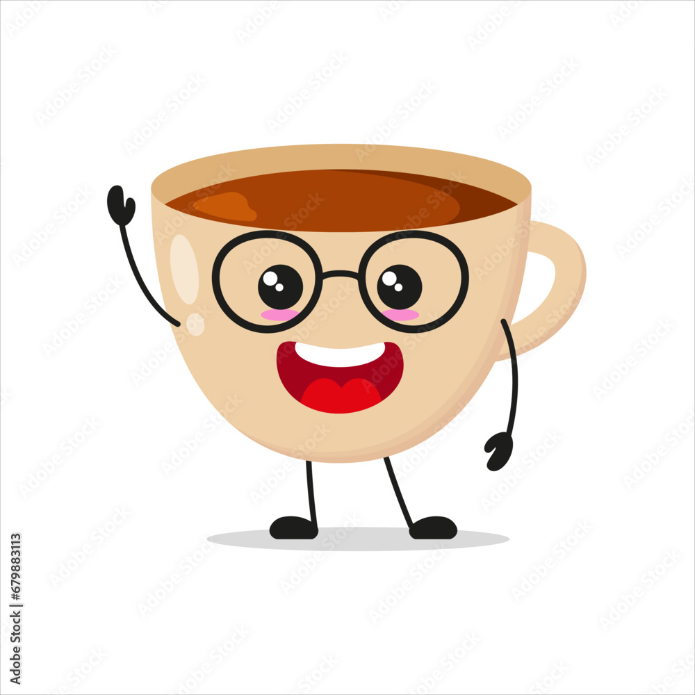 Cute happy cup of coffee character wear eyeglasses. Smiling and greet ...