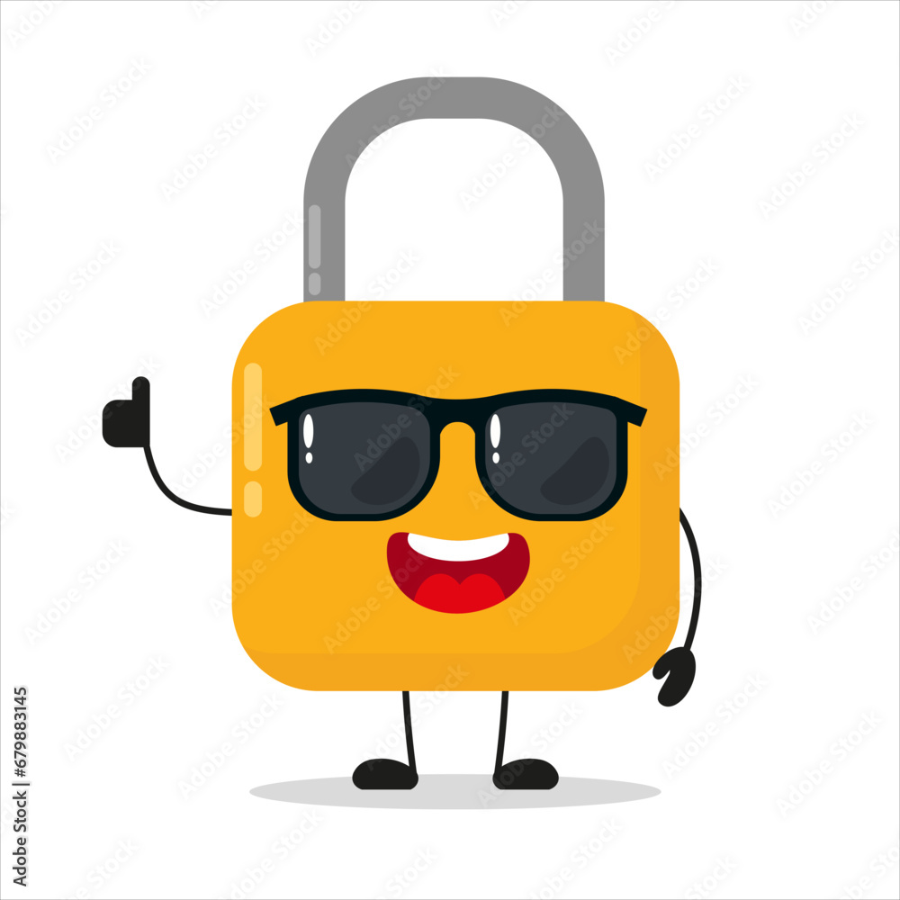 Cute happy padlock character wear sunglasses. Funny lock greet friend ...