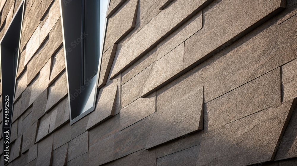 An exterior view of a building with a rough and textured crows foot ...