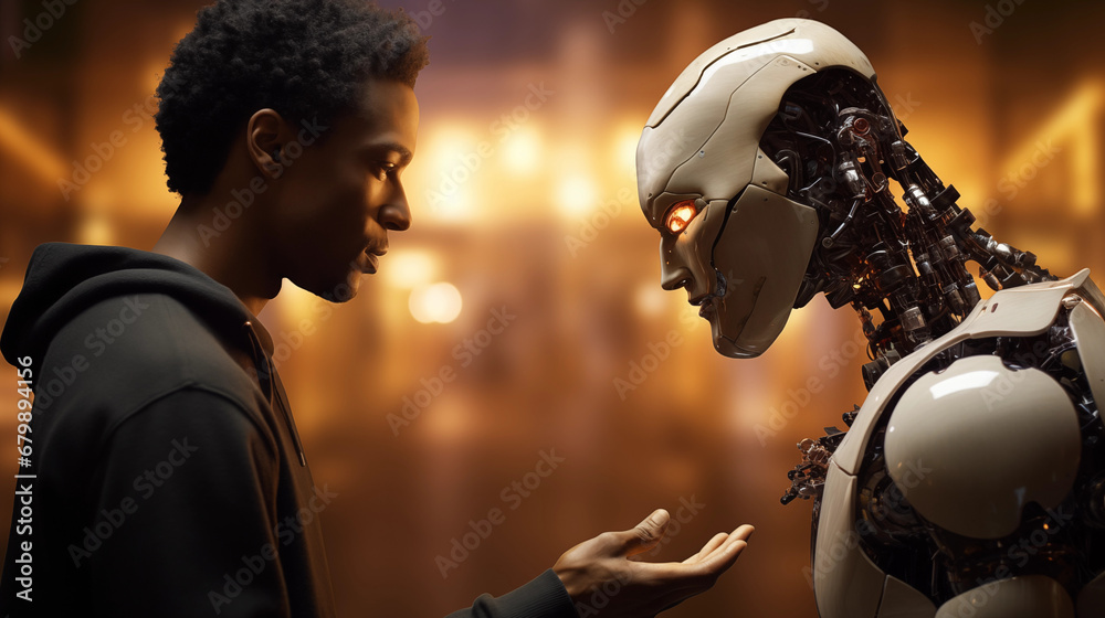 Futuristic AI Android Companion Listens Attentively to Middle Aged ...