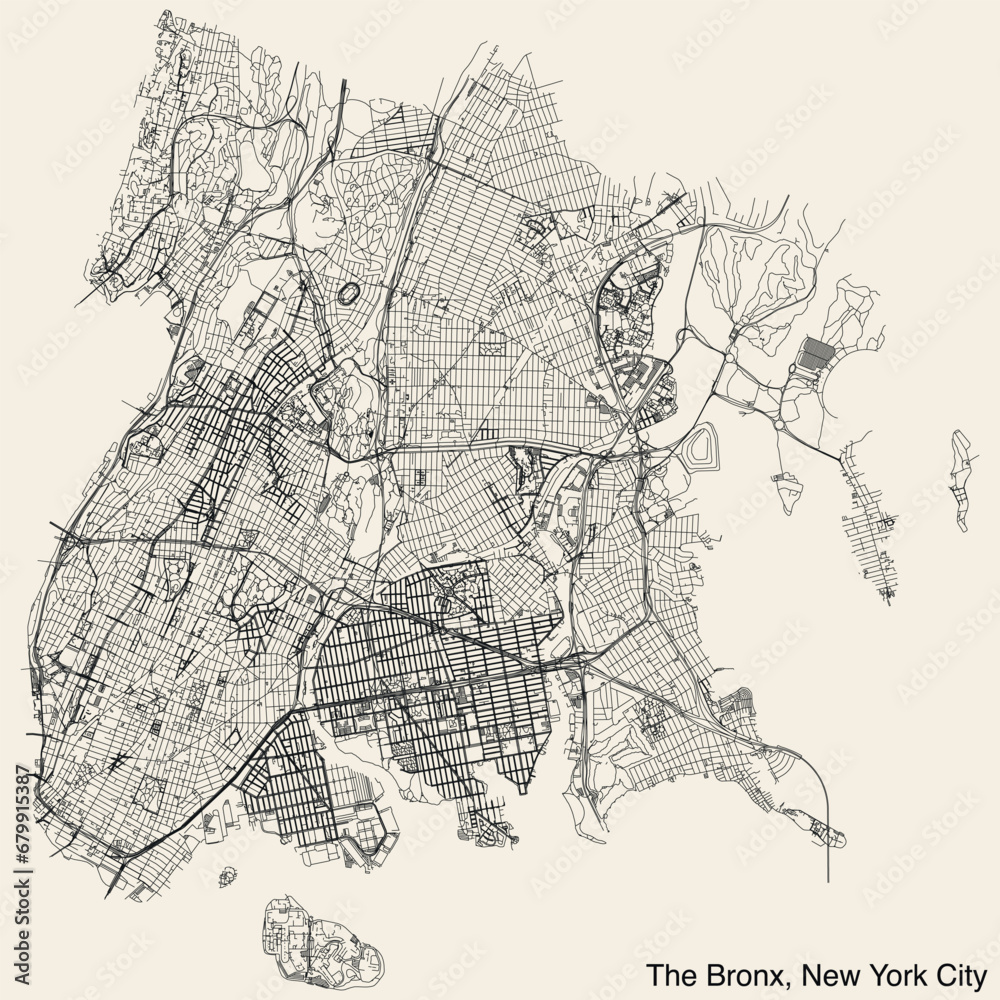 Detailed hand-drawn navigational urban street roads map of THE BRONX ...