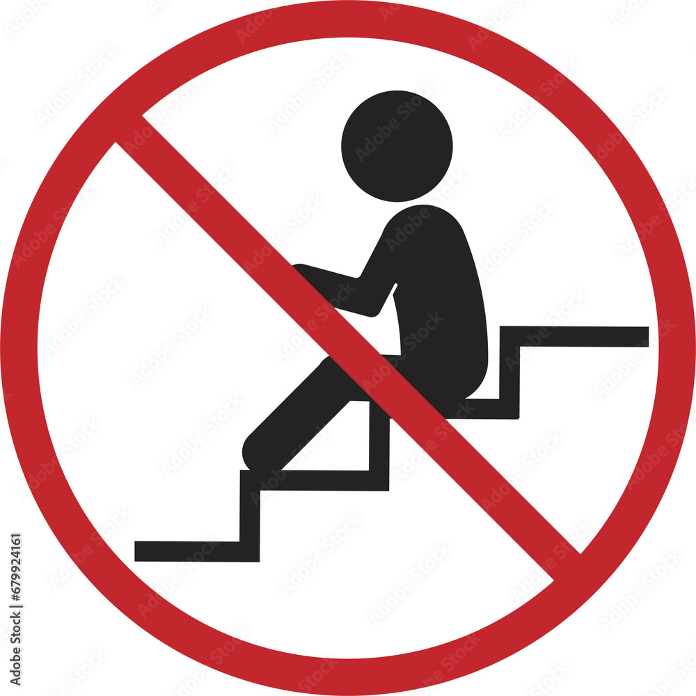 Isolated red round sign of do not sit on stairs, prohibited to sit ...