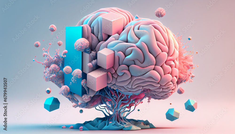 illustration of an abstract human brain on a pink and blue pastel ...