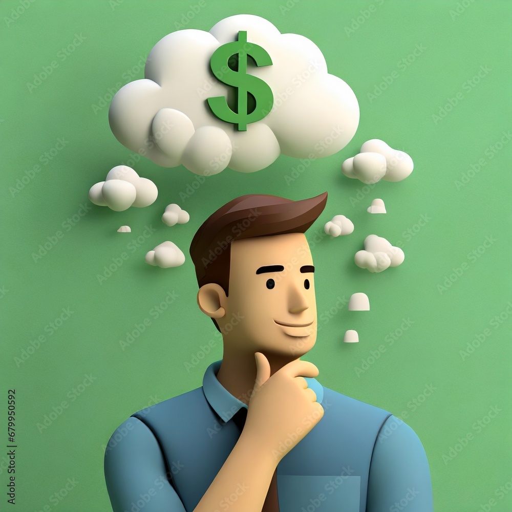 man standing thinking There is a picture of a money floating above its ...