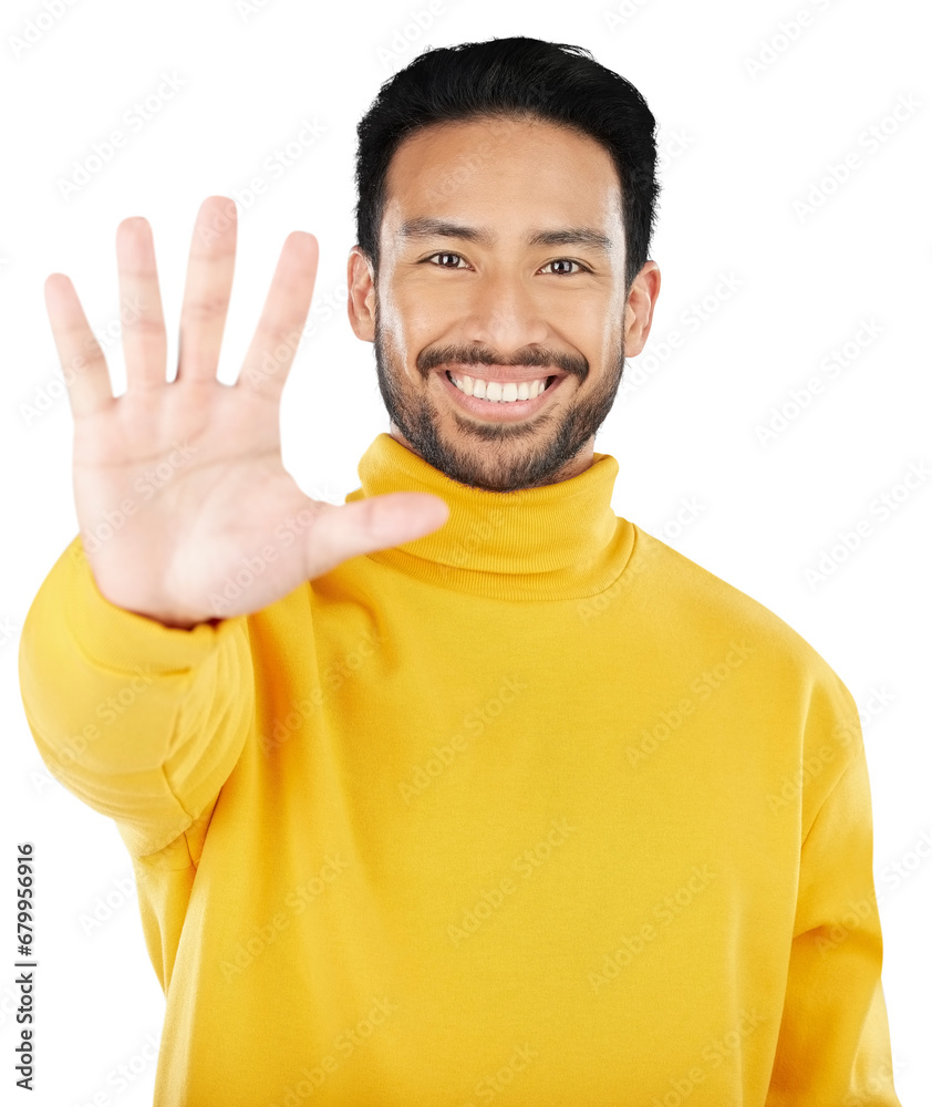 Man, stop and hand in portrait, smile and emoji for opinion, rejection ...