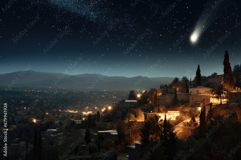 Christmas star over city of Bethlehem. Nativity story. Birth of Jesus ...