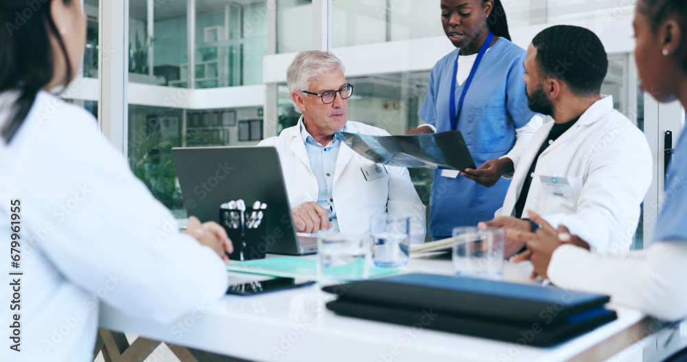 Meeting, xray and team of doctors, nurses and people in healthcare ...