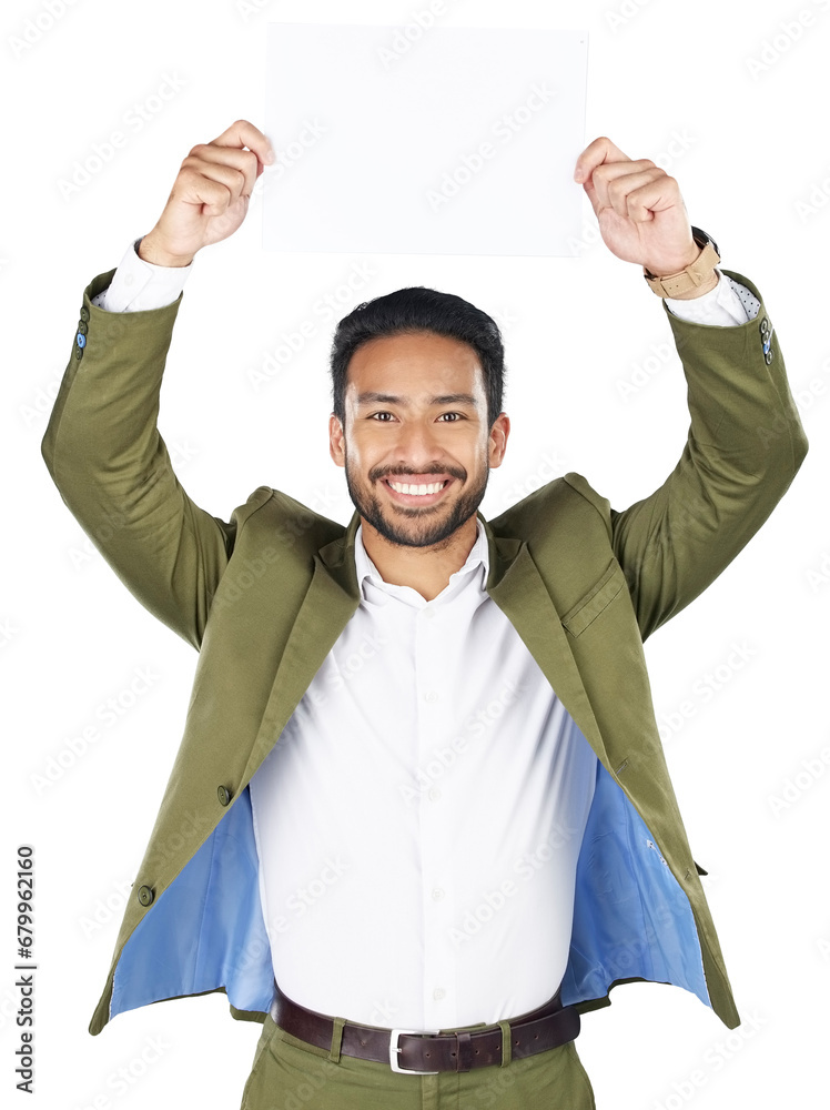 Poster, portrait and business man with paper, space or mockup on ...