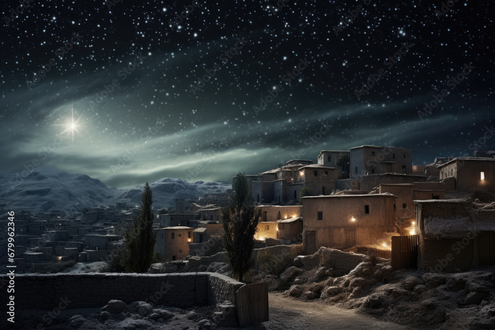 Christmas star over city of Bethlehem. Nativity story. Birth of Jesus ...