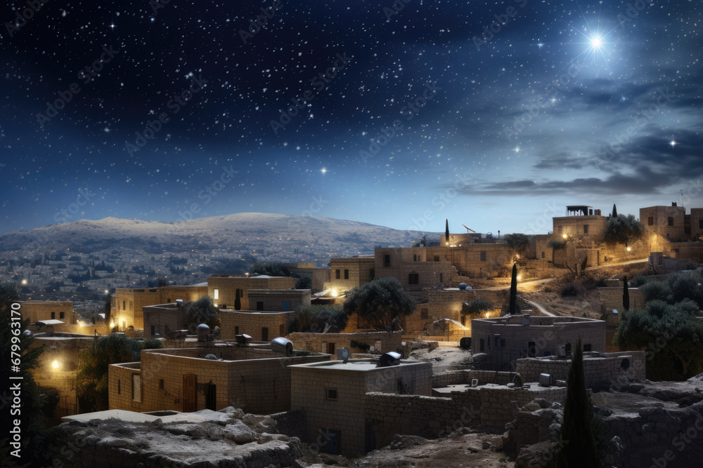Christmas star over city of Bethlehem. Nativity story. Birth of Jesus ...
