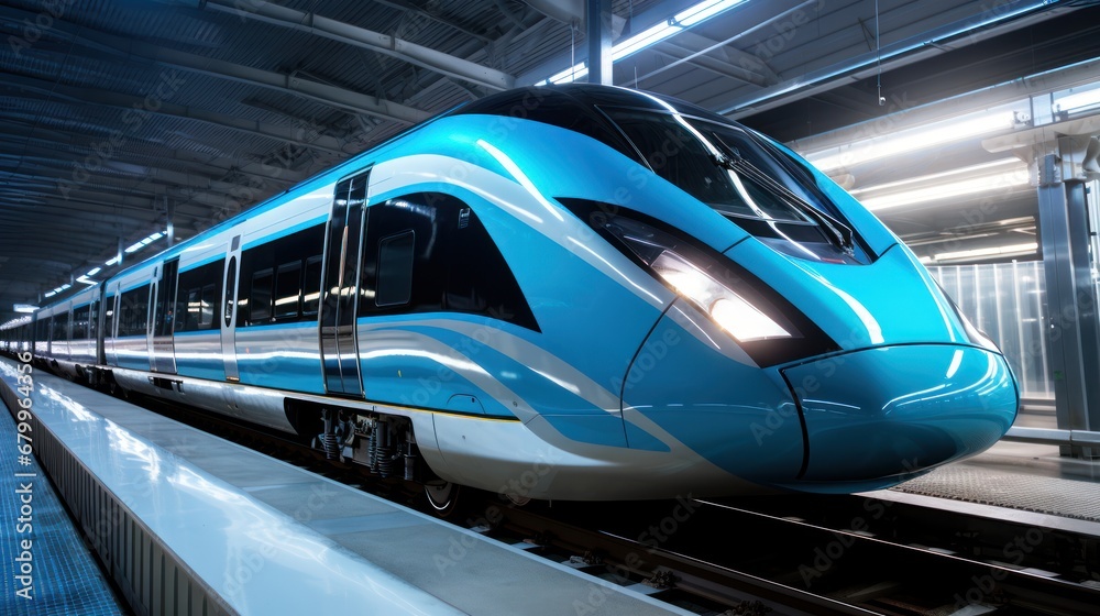 Blue modern high speed train at the station. Railway station at night ...