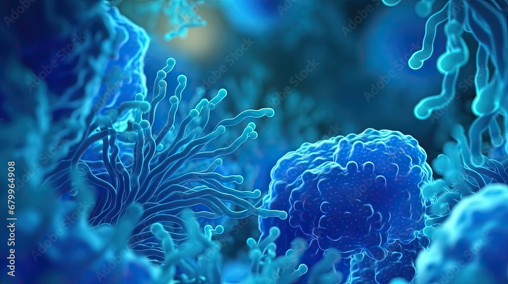Macro of blue bacteria and virus cells in a scientific laboratory ...