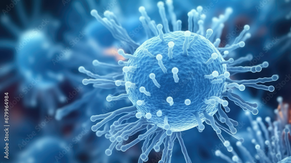 Macro close up shot of blue bacteria and virus cells in a scientific ...