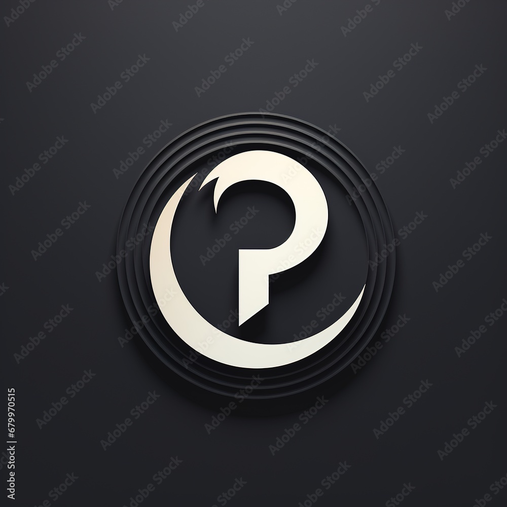 Logo white letter P in a circle minimalism on a dark background. Sign font typography concept ...