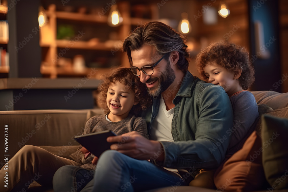 Happy father having fun with using digital tablet computer with his ...